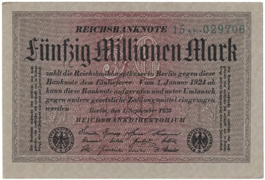 1923 Germany 50 Millionen Mark Reichsbanknote P-95 Weimar ...