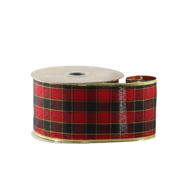 Festive Red, Black & Gold Wire-Edge Check Ribbon 63mm x 10yds