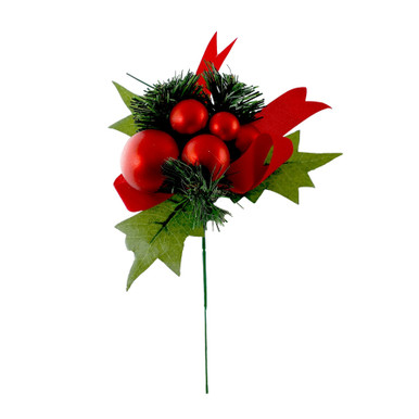 Festive Red Bauble Pick with Lush Foliage and Elegant Ribbon (20cm)