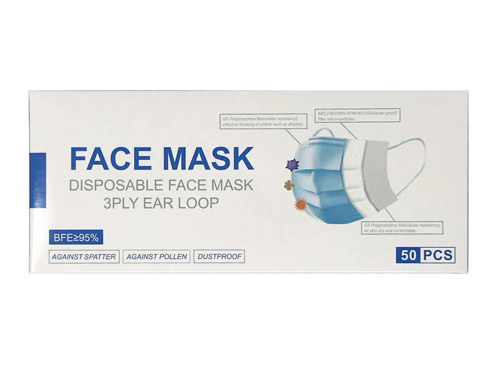 Single Use Disposable Face Mask Blue - Pack of 50