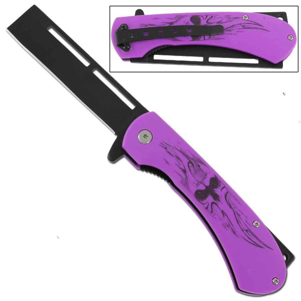 Wicked Wraith Face Demon Spring Assist Razor Knife – Purple Handle