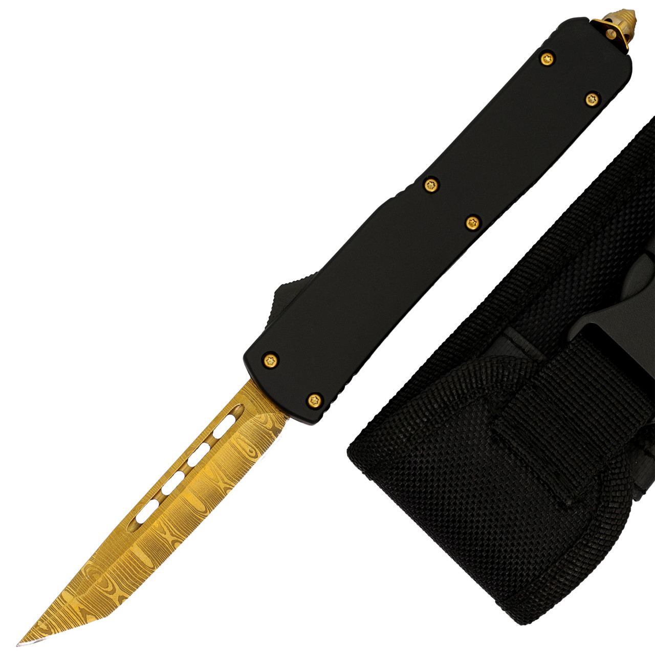 Golden Tanto OTF Knife – Damascus Pattern Blade with Nylon Sheath