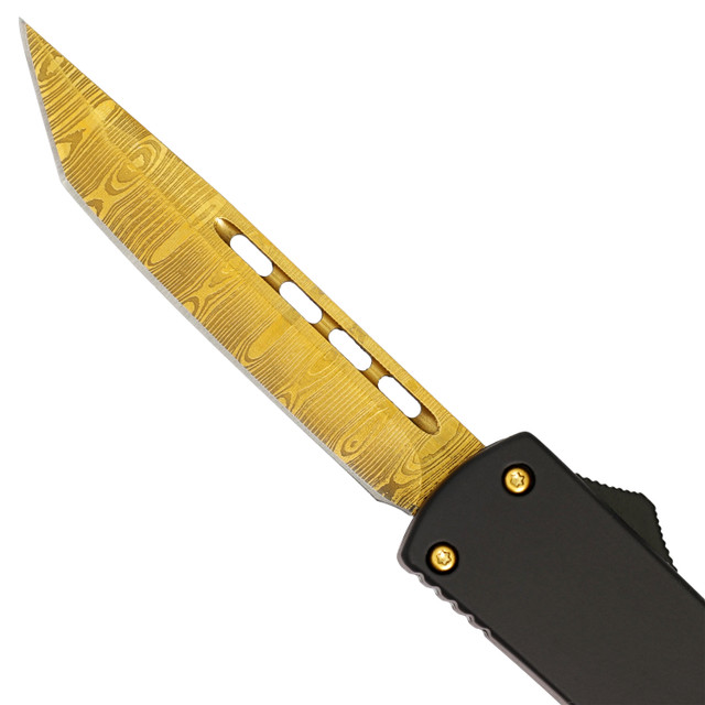 Golden Tanto OTF Knife – Damascus Pattern Blade with Nylon Sheath