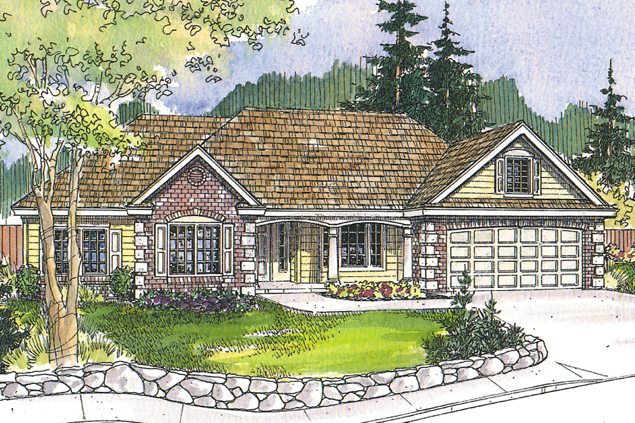 New Classic Ranch House Plan For Downhill Sloping Lot - Associated Designs