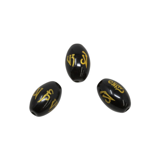 Black Onyx Polished Gold Six Word Mantra 8x12mm Rice Bead - Bead World