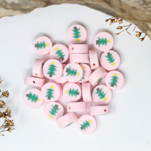 Polymer Clay 10mm Pink Pine Tree Flat Round
