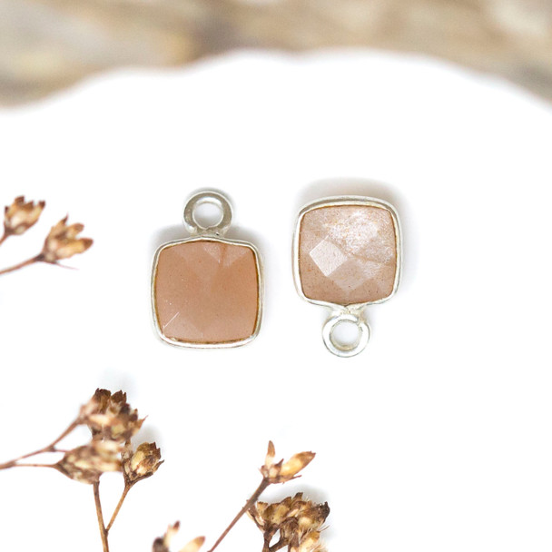 Peach Moonstone Polished Sterling Silver 6mm Faceted Square Charm