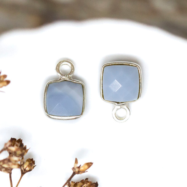 Blue Chalcedony Polished Sterling Silver 6mm Faceted Square Charm
