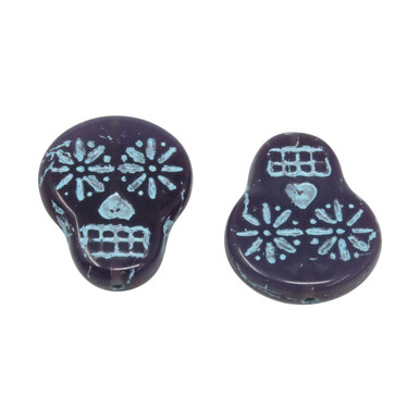 Czech Glass 20x17mm Sugar Skull Coin - Purple Opaline with Turquoise Wash