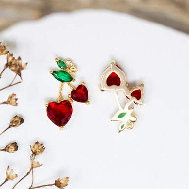 Gold Plated Micro Pave 16x10mm Red Heart Cherries Charm