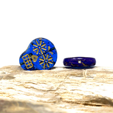 Czech Glass 20x17mm Sugar Skull Coin - Transparent Deep Blue Gold Wash