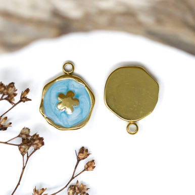 Gold Plated Stainless Steel Enamel 13mm Blue Flower Charm