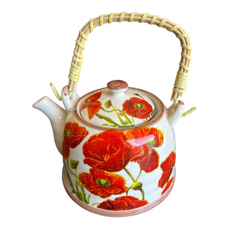 80442 Ceramic Teapot - Red Poppies - Bali Trading Wholesale