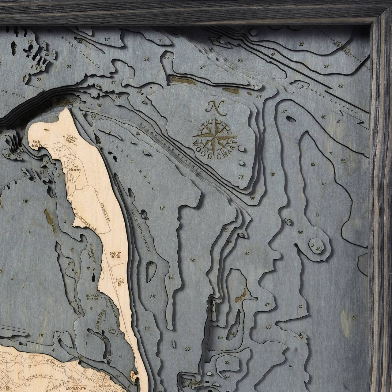 Rumson - Grey Frame - Nautical Wood Maps - 3D Wall Decor