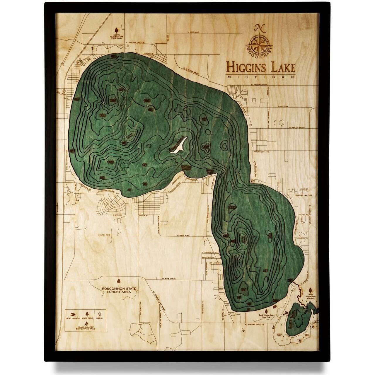 Higgins Lake, Michigan by 3D Nautical Wood Maps