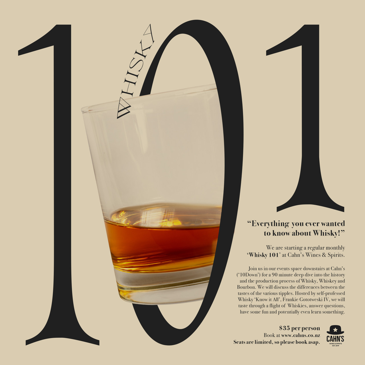 Wednesday, 16th AUG, 2025 [6:30pm-8pm] Whisky 101 Tasting with Frankie ...