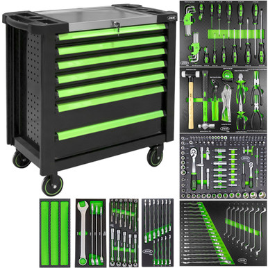 JBM Tools 7 Drawer Tool Trolley w/ Tools XL - Green & Black - Tool Truck UK
