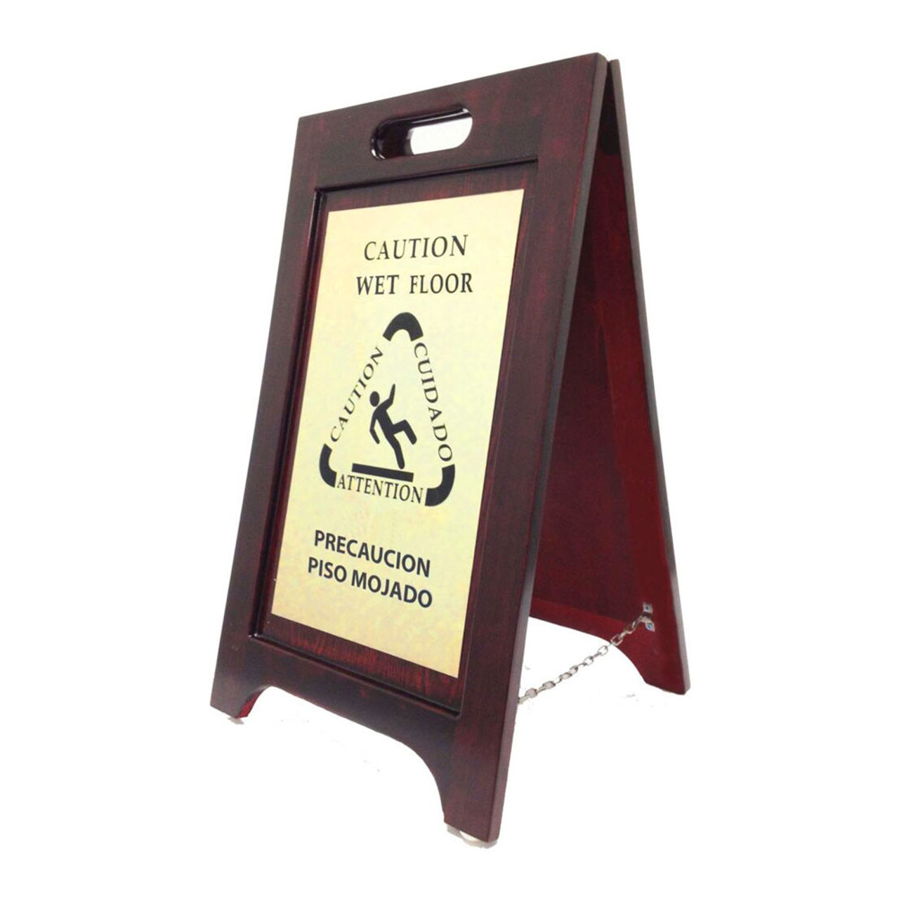 Wooden Wet Floor Sign Bilingual, Walnut with Brass Plating, Case of 2 ...