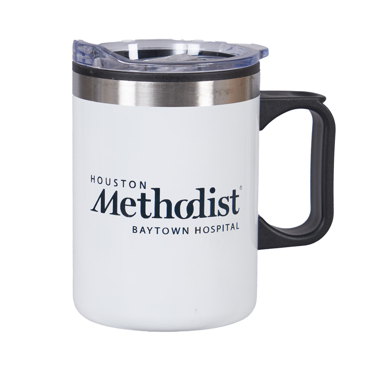 Houston Methodist Baytown Hospital Logoed Travel Coffee Mug with Lid | Cloverkey Hospital Gift Shops