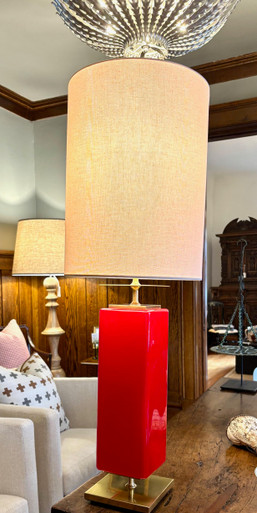 Red Table Lamp with Pink Linen Shade