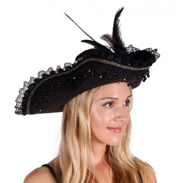 Black Lace Trim Tricorner Pirate Hat with Beads | Pirates| Hats and ...