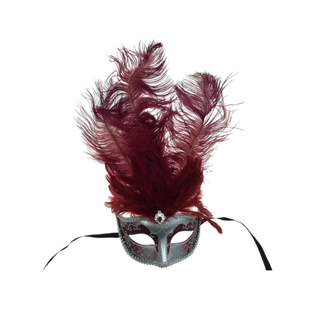 Ornate Glitter Masquerade Mask with Feathers Burgundy and Silver ...