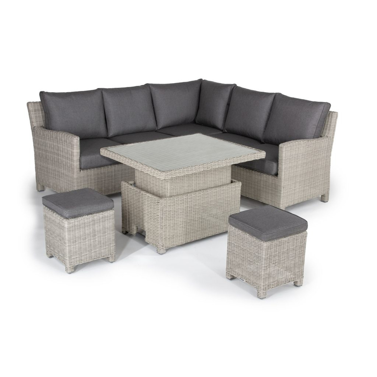 Kettler Palma Signature Mini Corner Sofa Whitewash Weatherproof Cushions with High Low Glass table