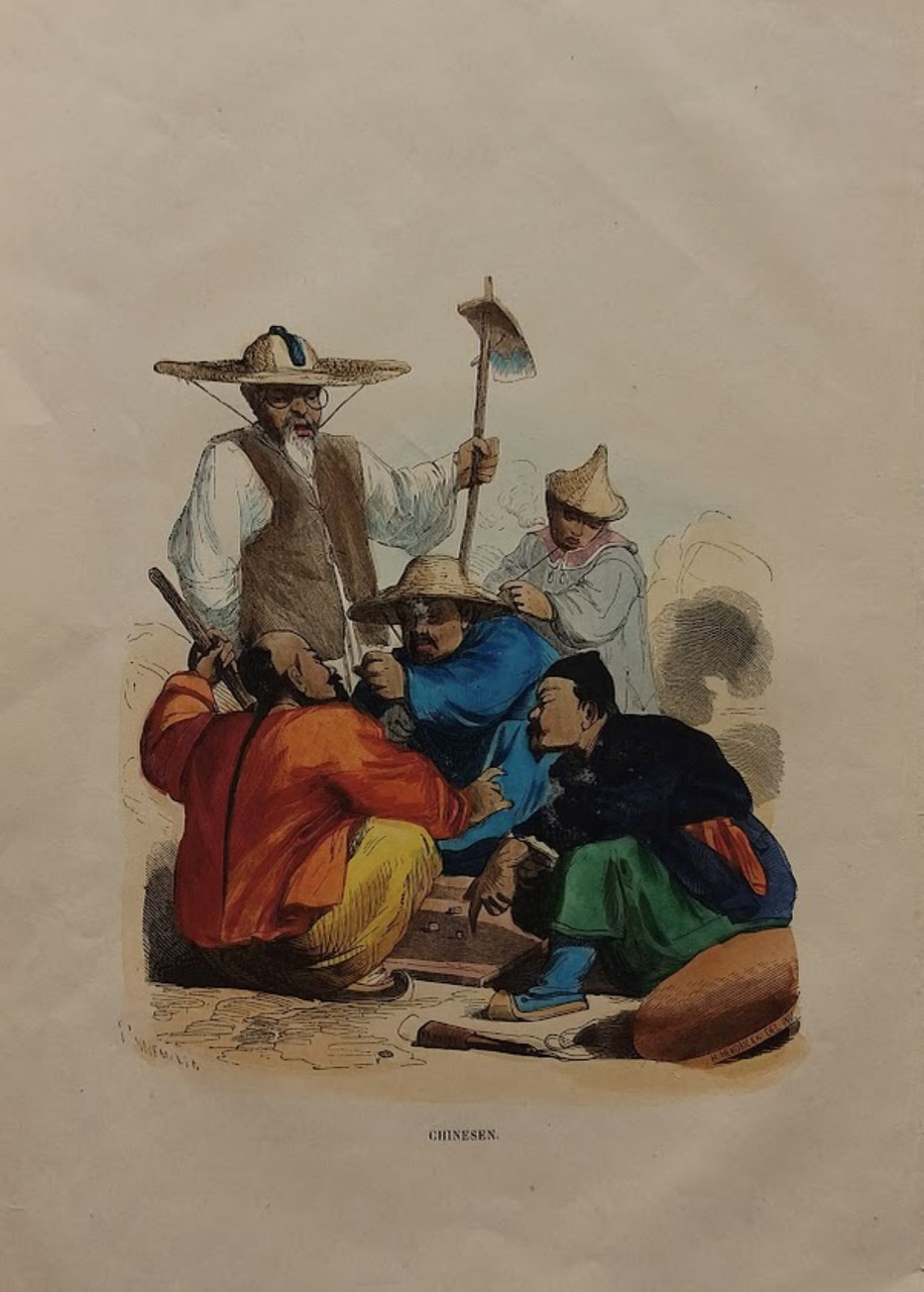"Chinesen" (group of Chinese men playing dice) - French antique print ...