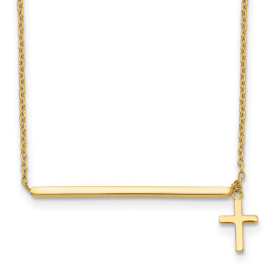 14K Yellow Gold Bar with Polished Cross Necklace - Gracious Rose Jewelry