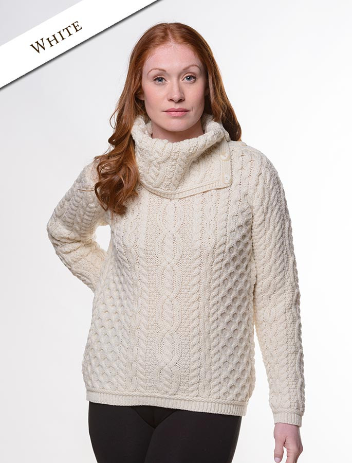 Cowl Button Neck Aran Sweater | Aran Sweater Market