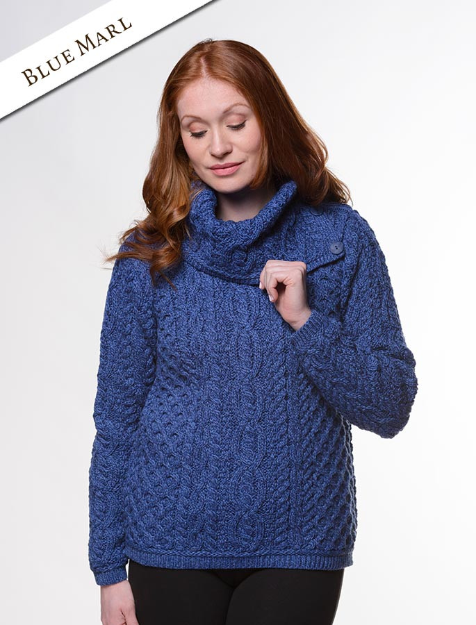 Cowl Button Neck Aran Sweater | Aran Sweater Market