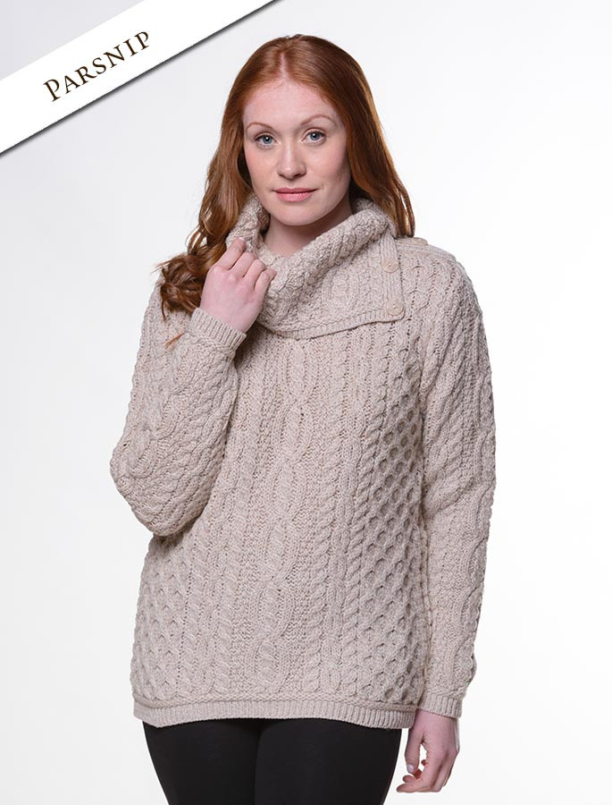 Cowl Button Neck Aran Sweater | Aran Sweater Market
