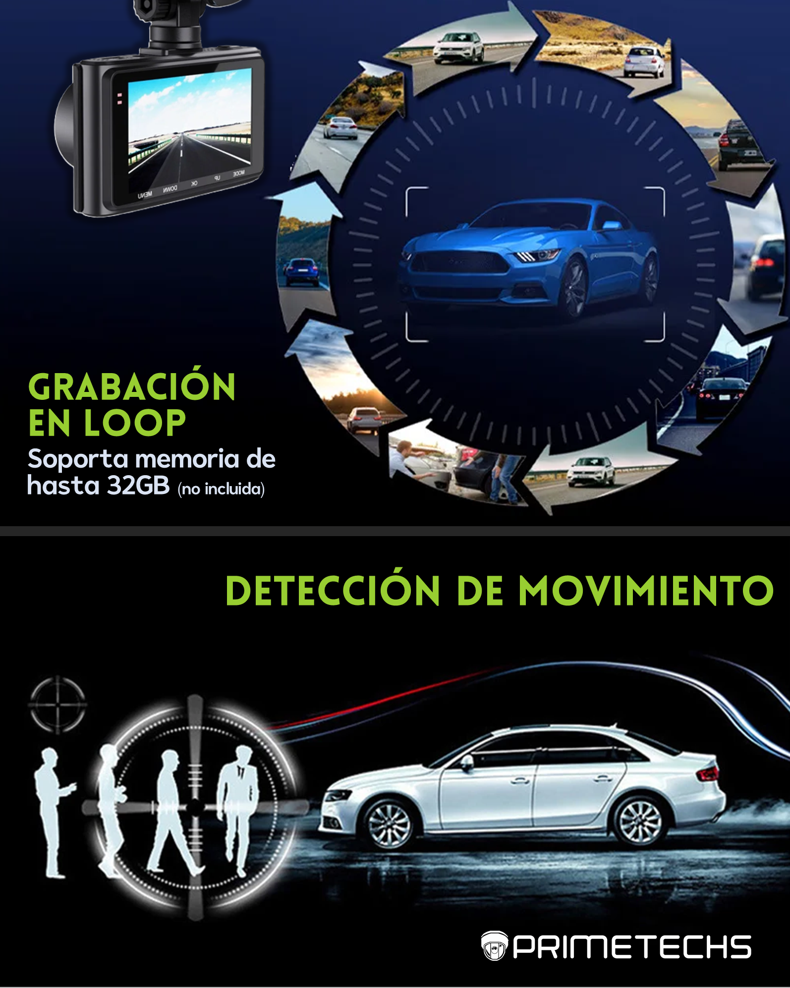 Dashcam Primetechs Cámara Para Automóvil Wifi De Dos Cámaras Frente