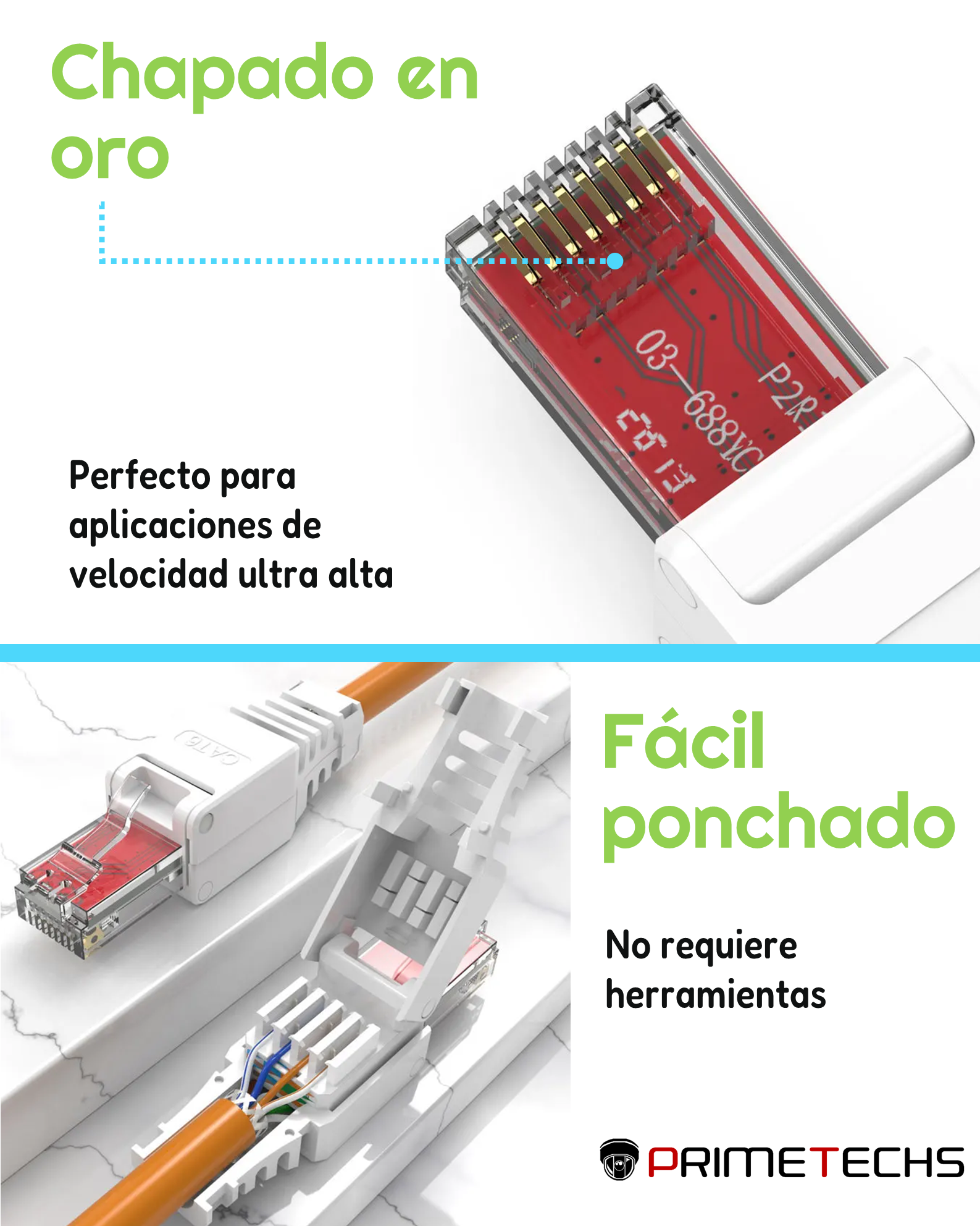 Conector RJ45 Cat 6, no requiere herramienta, fácil ponchado