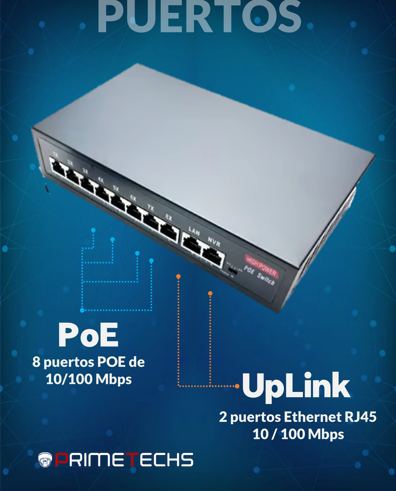 Switch POE Primetechs 8 puertos POE x 10/100Mbps, 2 puertos Uplink 10 ...