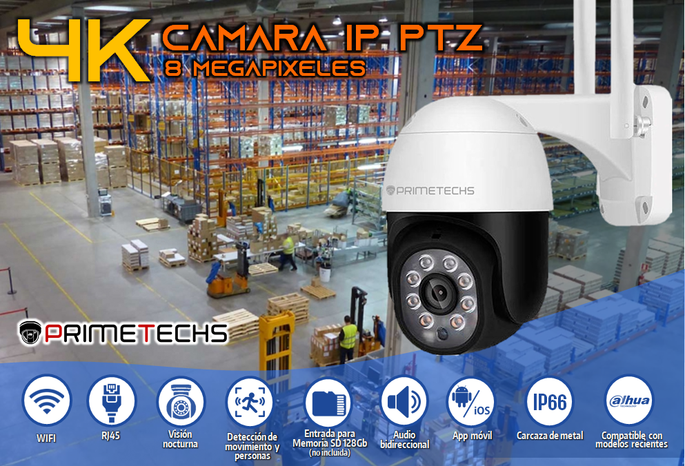 Cámara Primetechs Ip Wifi Y Cable Rj45 Lan Ptz 8mp 4k Autotracking
