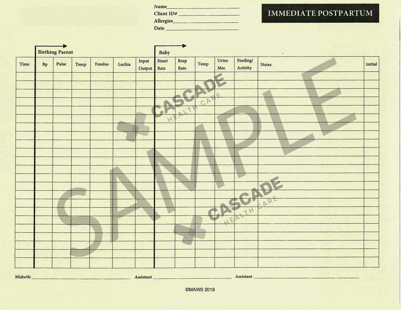 Midwifery Client Charts | No Sales Tax | Cascade Health Care