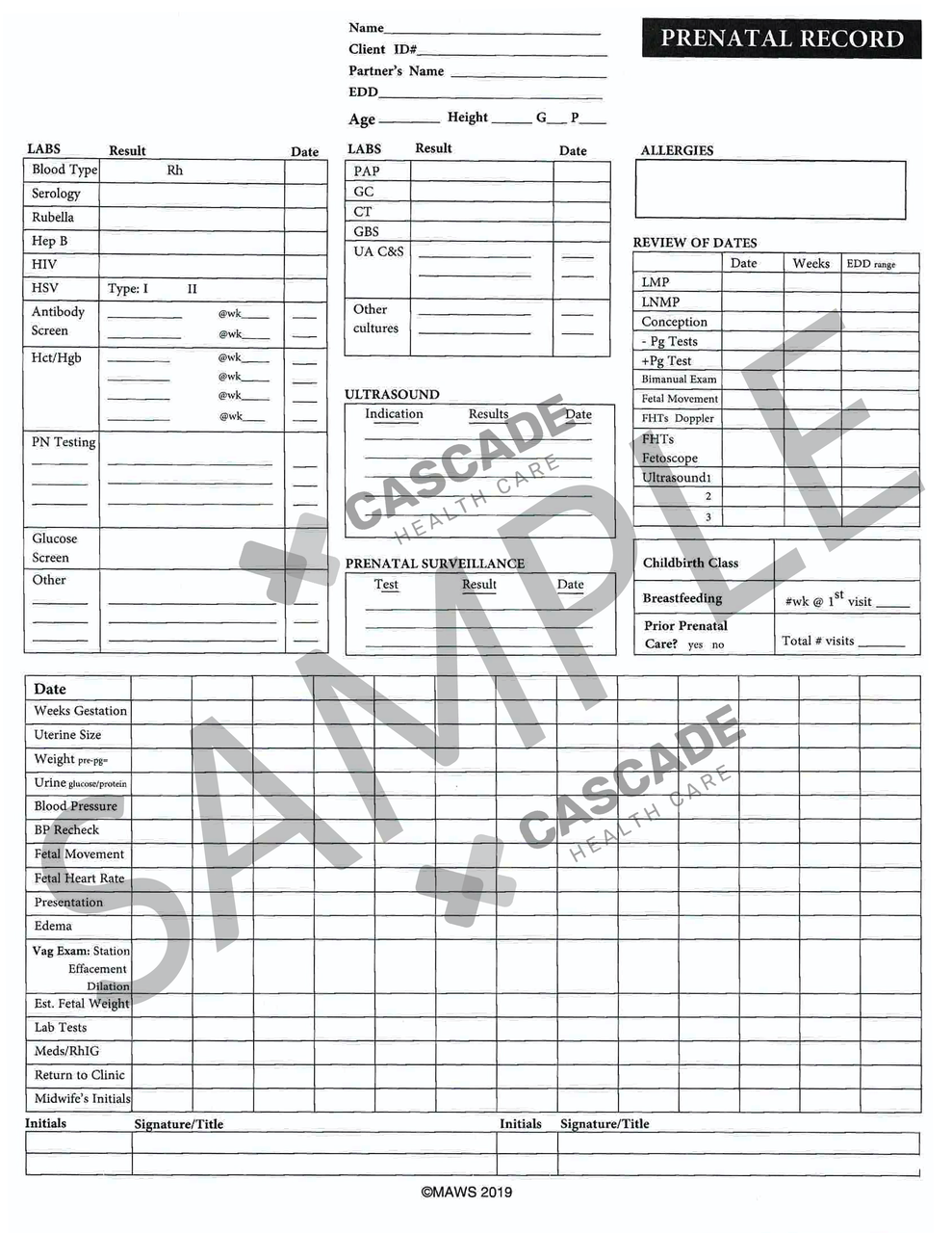 Midwifery Client Charts | No Sales Tax | Cascade Health Care