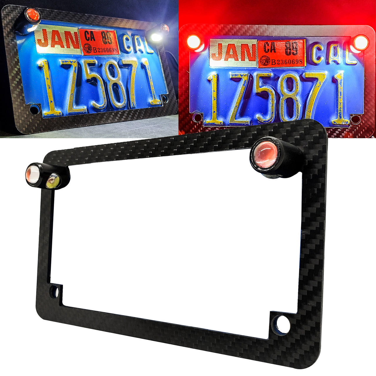 Carbon Fiber License Plate Frame with Dual White LED Tag Lights & Red ...