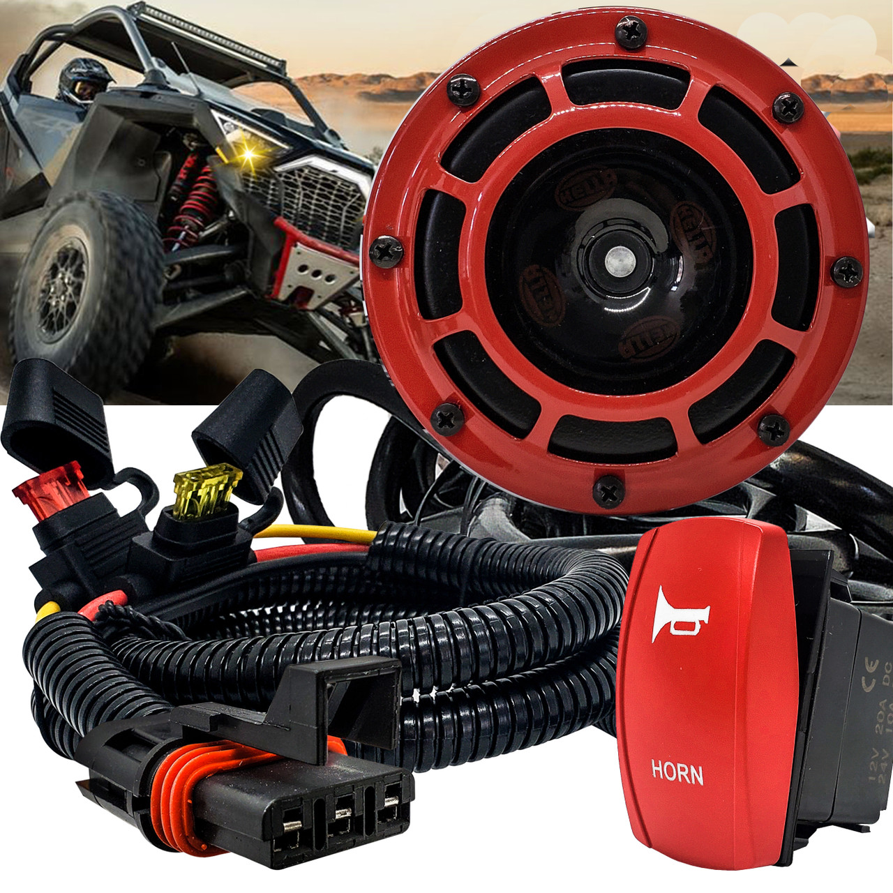 Hella Disc Horn Kit Plug & Play Pulse Power Busbar Wire Harness Fuse ...