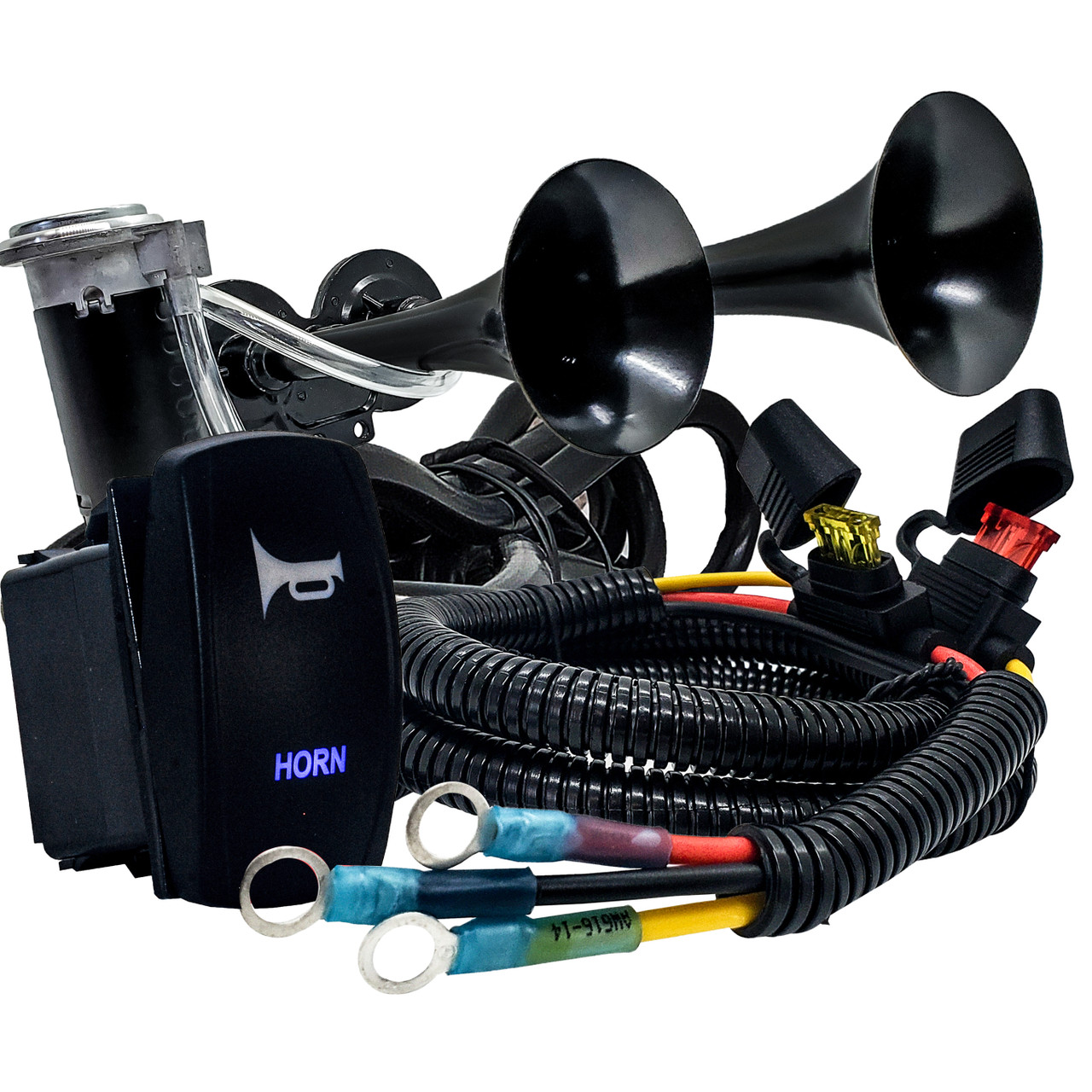 Air Horn Dual Trumpet with Power Busbar Distribution Block Wire Harness ...