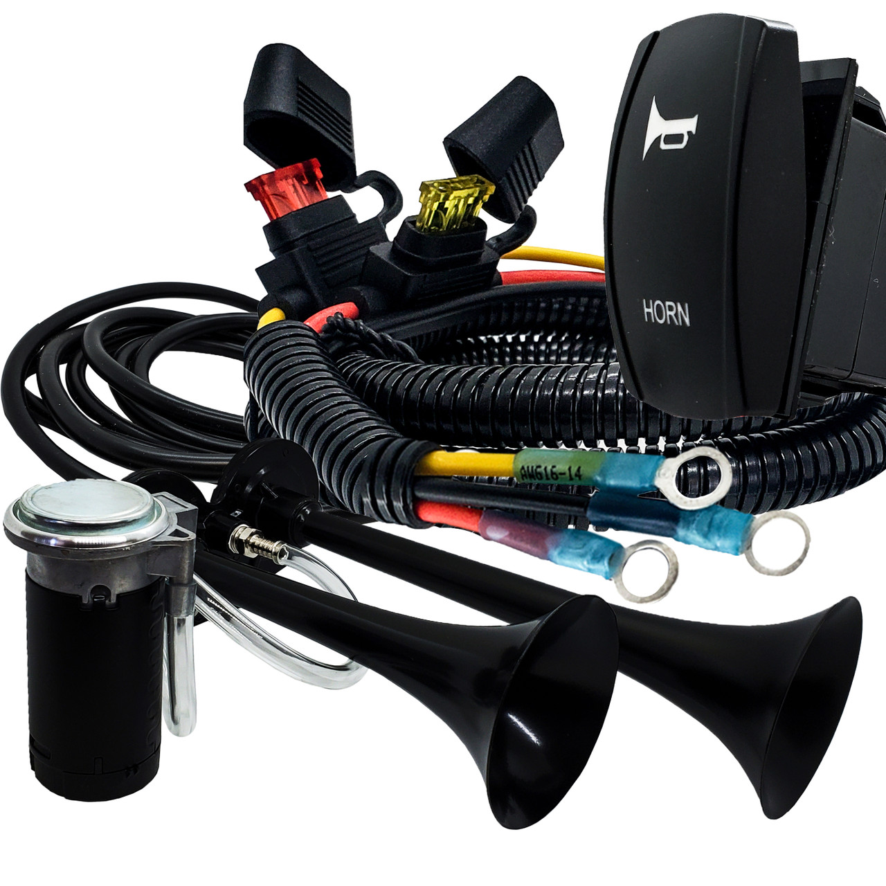 Air Horn Dual Trumpet with Power Busbar Distribution Block Wire Harness ...