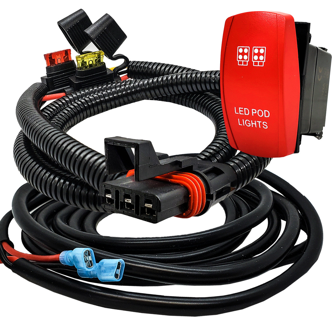 10 Pulse Power Busbar Plug Wire Harness With Led Pod Lights Onoff Red