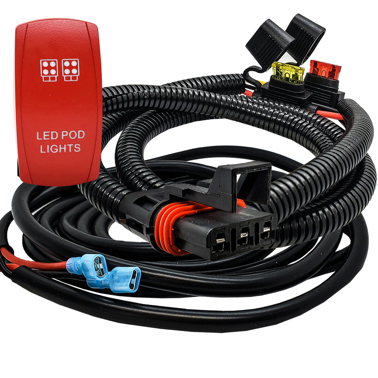 10 Pulse Power Busbar Plug Wire Harness With Led Pod Lights Onoff Red