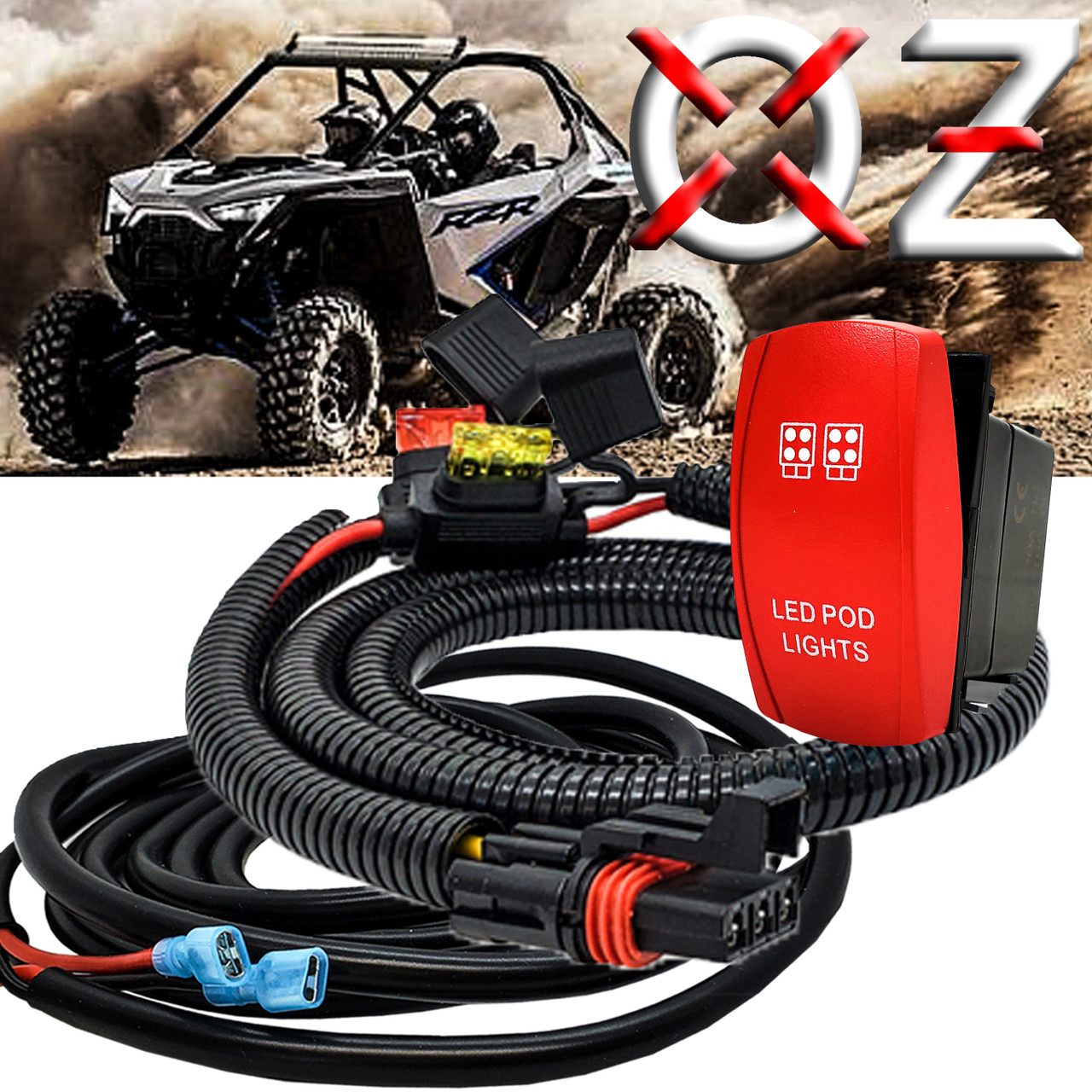 10 Pulse Power Busbar Plug Wire Harness With Led Pod Lights Onoff Red