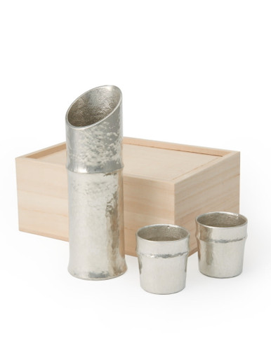 Bamboo Sake Set Made of Tin in Wooden Gif Box