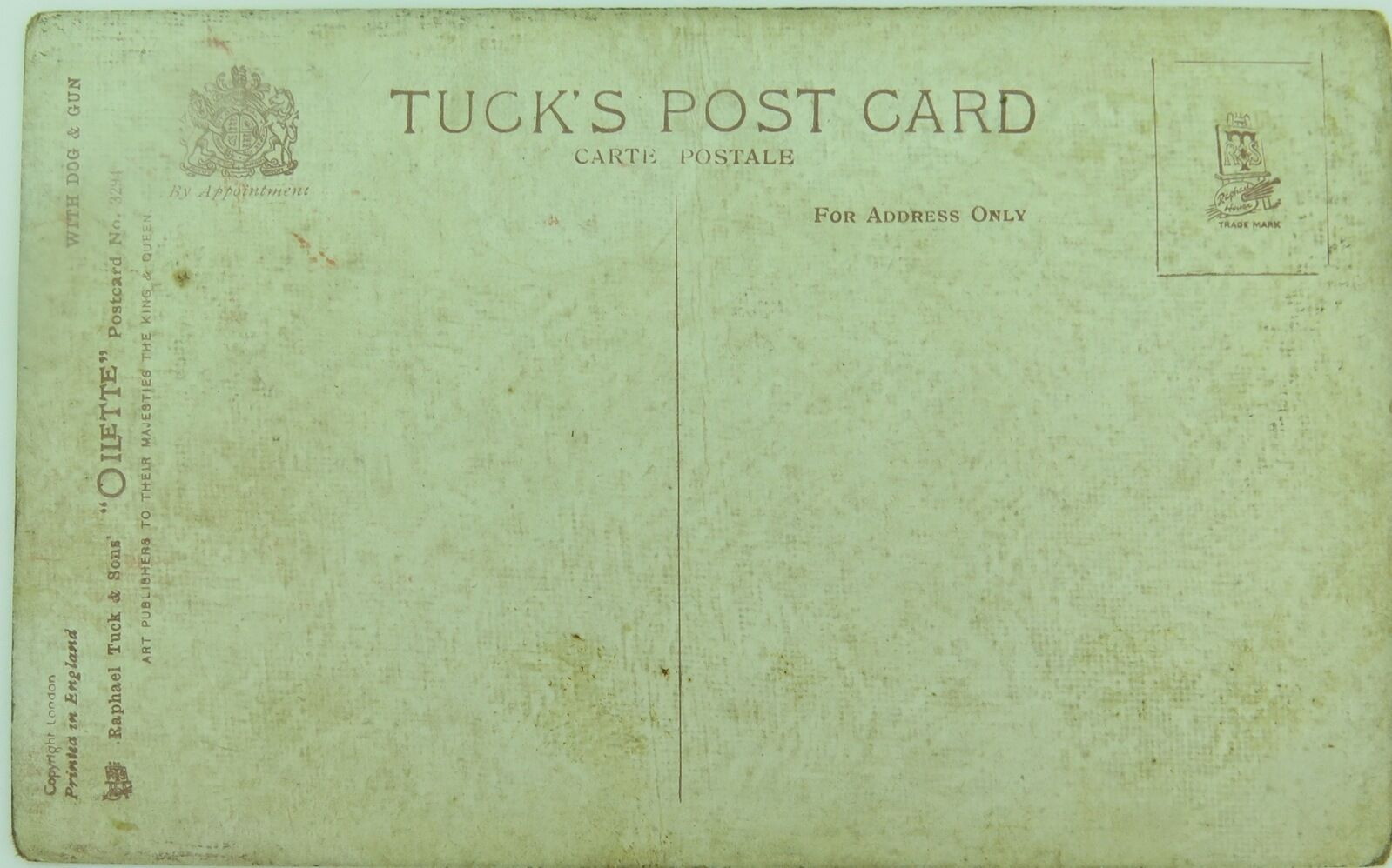 TUCKS OILETTE POSTCARD, FERRETING, WITH DOG & GUN NO 3294 ARTIST SIGNED.