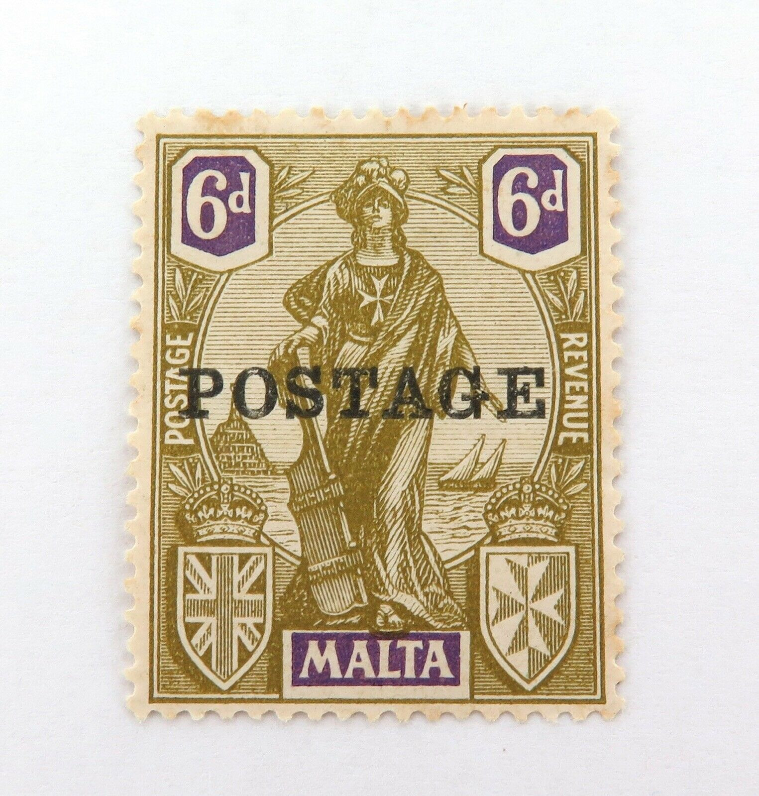 MALTA 1920s 6d MH “POSTAGE” OVERPRINT STAMP.