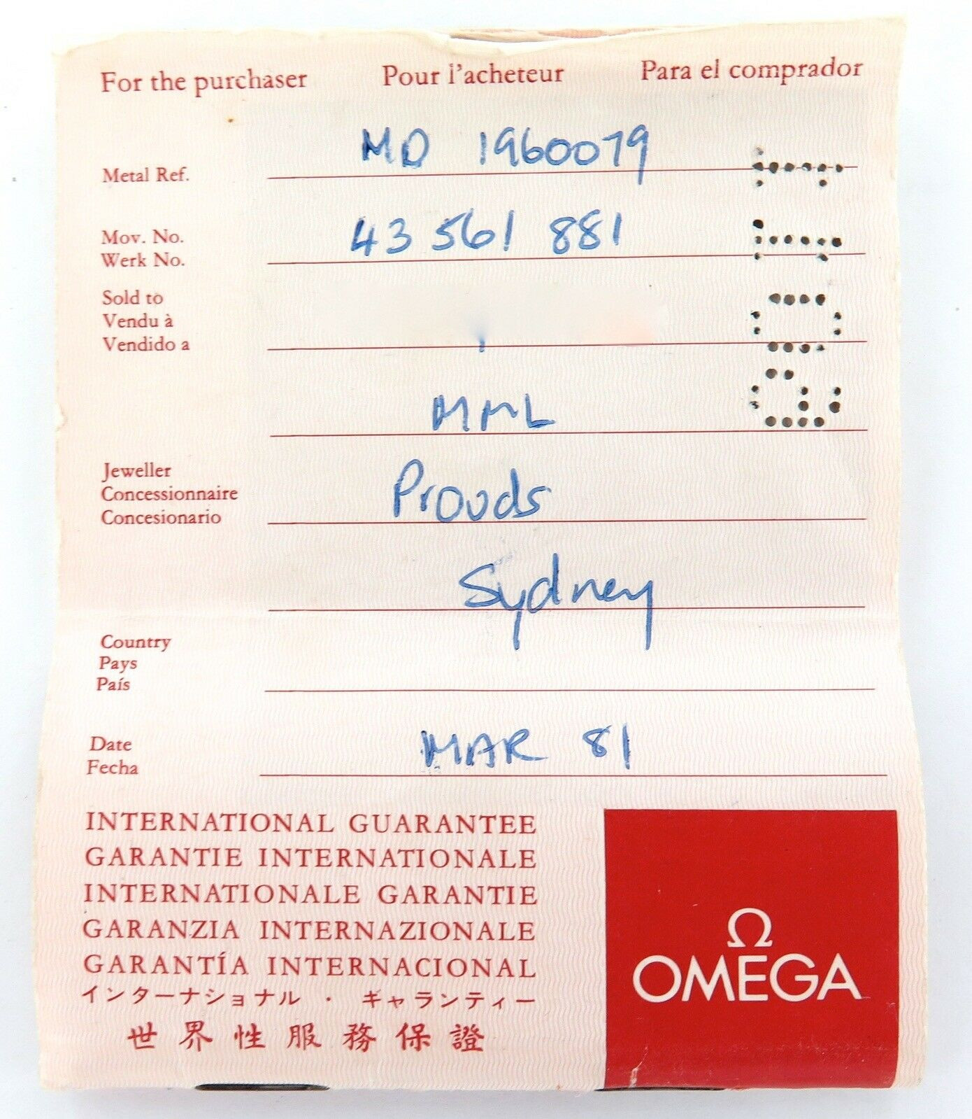 OBSOLETE 1981 OMEGA, AUSTRALIAN INTERNATIONAL GUARANTEE BOOKLET