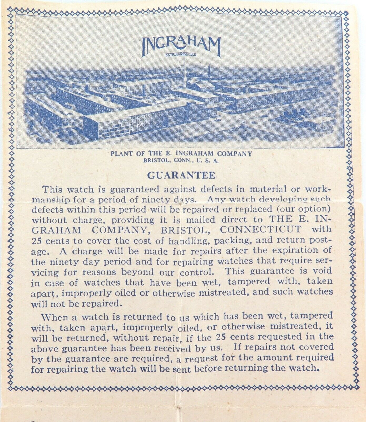 1947 E INGRAHAM POCKET WATCH GUARANTEE / INSTRUCTIONS.